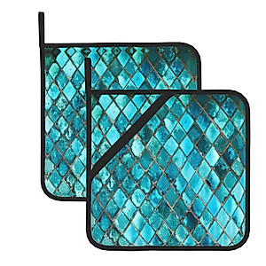 Turquoise Blue Mermaid Scales Pot Holders Set of 2 with Loop Heat Resistant Hot Pads for Cooking Baking Grilling