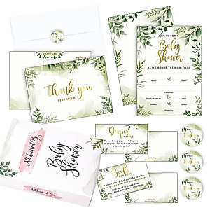 25 Double-Sided Greenery Baby Shower Invitation Set with Envelopes,Gender Neutral Blank Fill-in Invites for Boy or Girl, Double-Sided Diaper Raffle, Thank You Cards and Seals