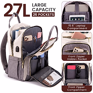 LOVEVOOK Backpack Purse for Women, Fits 15.6 Inch Laptop Backpack, Fashion Travel Work Anti-theft Bag, Business Computer Waterproof Backpacks, Beige-Grey-Grey