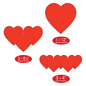 Beistle Printed Cardstock Paper Heart Cut Outs 9 Piece Valentine's Day Decorations, 4" - 12", Red