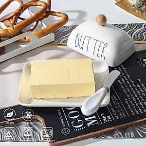 oskas Farmhouse Decorative Kitchen Countertop Porcelain Butter & Cream Cheese Dish with Lid,Butter Keeper with Cover for East West Coast Butter,White