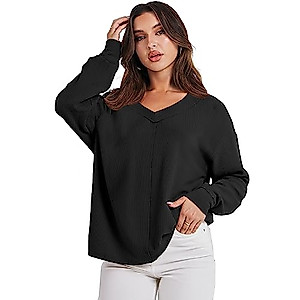 ANRABESS Women’s Casual Long Sleeve Sweatshirt V Neck Off Shoulder Shirt Loose Baggy Comfy Knit Pullover Sweaters Tunic Top 2023 Fall Clothes A1069heise-XL Black