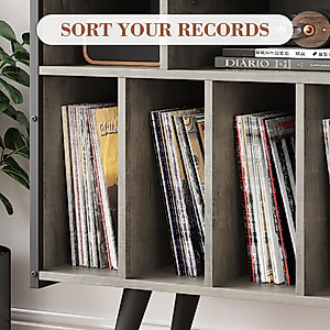 IDEALHOUSE Record Player Table Stand, Grey Record Album Storage Cabinet with Power Outlet, Large Wooden Turntable Stand for Living Room, Bedroom, Office