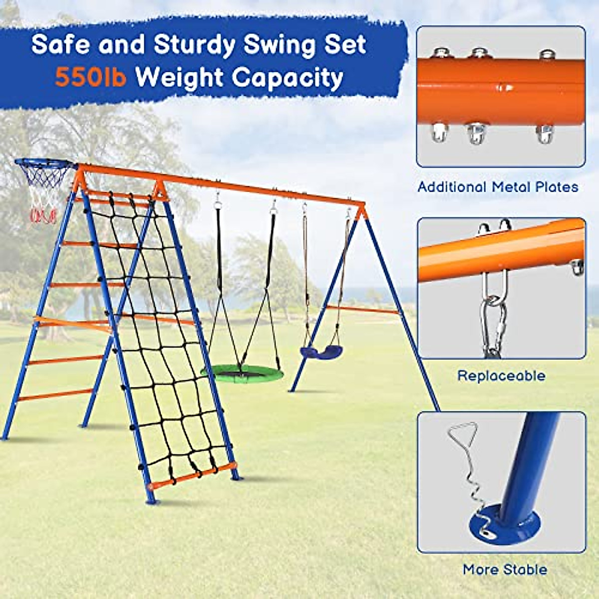 Ktaxon 5in1 Swing Set for Backyard, 550lbs Heavy-Duty Swings Set W/Saucer and Belt Swing Seat, Climbing Net & Ladder, Basketball Hoop, Playground Swing Sets with A-Frame Stand