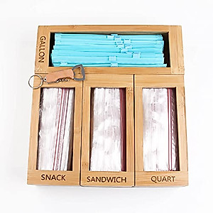 Ziplock Bag Storage Organizer for Kitchen Drawer, Bamboo Organizer, Compatible with Gallon, Quart, Sandwich and Snack Variety Size, 1 Box 4 Slots (Rectangle Design & Bottle Opener)