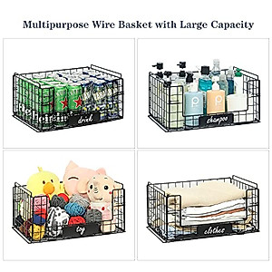 4 Pack XXL Stackable Wire Baskets with Handles for Pantry Storage and Organization,Fruit and Vegetable Basket with Name Plates,Metal Storage Bins for Snack Can Fruit Veggies