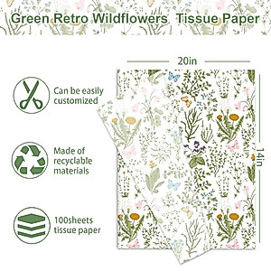 JarThenaAMCS 100 Sheets Vintage Wildflower Tissue Paper Wild Floral Art Tissue Spring Wrapping Paper for Birthday Wedding DIY Crafts Gift Packing, 20 x 14 Inch