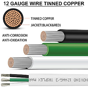 12 Gauge Marine Wire 12/3 12AWG Marine Grade Wire Triplex Tinned Copper Boat Cable,12 Gauge OFC Oxygen Free Copper Cable for Automotive RV Boat Speaker Solar Outdoor - 50ft