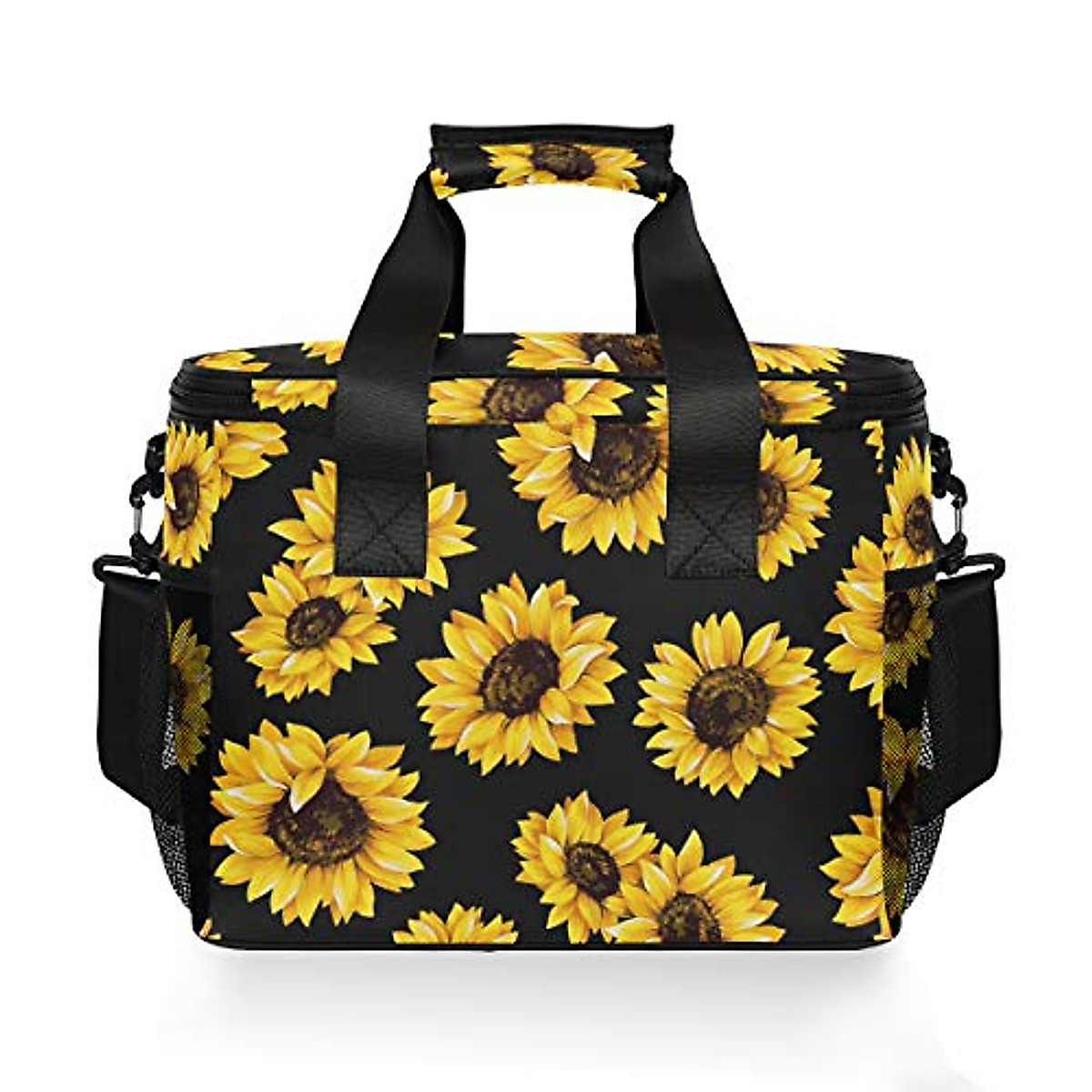 JUMBEAR 15L Leakproof Reusable Insulated Cooler Lunch Bag Office Work Picnic Hiking Beach Lunch Box Organizer with Adjustable Shoulder Strap, Black Sunflower