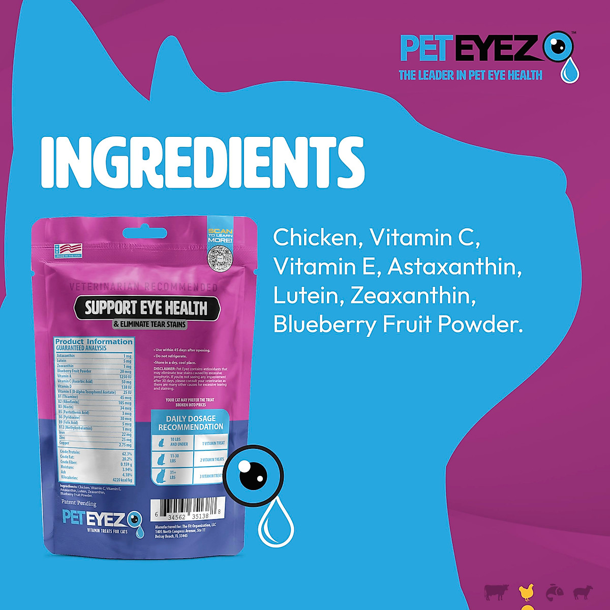 PetEyez Vitamin Treats for Cats - Tear Stain Remover - Eye Health Support - Reduces Itching & Allergies - Chicken Flavor - 1oz