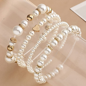 Caiyao Temperament Fashion Imitated Pearl Stackable Layered Bracelets Statement Big Large Faux Pearl Bead Heart Bangle White Round Pearl Seed Bracelets for Women Jewelry-4Pcs