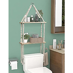 Sonefreiy Macrame Hanging Shelves 2 Tier, Natural Wood Farmhouse Window Plant Shelves Boho Wall Shelf with Hooks & Hardwares,for Bedroom Bathroom Kitchen Living Room