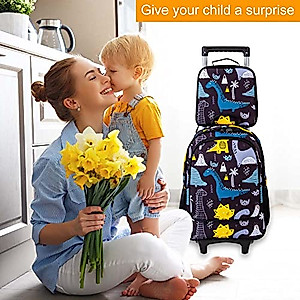 gxtvo Kids Rolling Backpack, Roller Wheels Boys Bookbag - Wheeled Suitcase Elementary School Bag - 3PCS Dinosaur