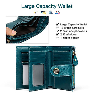 Seammer Small Leather Wallet for Women RFID Blocking Bifold Zipper Pocket Card Case Purse with 2 ID Windows (Blue)