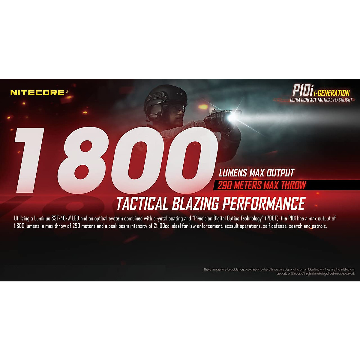 Nitecore P10i 1800 Lumen USB-C Rechargeable Tactical Flashlight, Strobe Ready with LumenTac Organizer