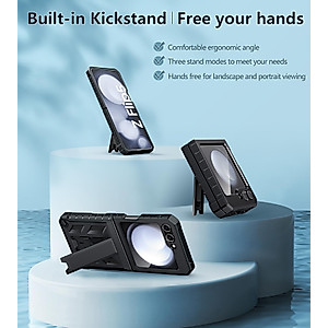 FNTCASE for Samsung Galaxy Z-Flip5 Case: Military Grade Protection Shockproof Cell Phone Cover with Built-in Screen Protector & Kickstand | Protective Rugged Armor Case for Z Flip 5 (2023) - Black