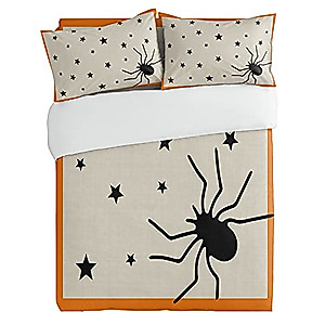 Halloween Spiders Queen Duvet Covers Scary Animal Black Stars 3-Piece Bedding Sets Luxury Soft Microfiber Bed Comforter Protector with Pillow Cases for Women Men Girl Boy Retro Burlap Orange Border