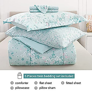 Viviland Twin Butterfly Comforter Set for Girls - Kids Brushed Microfiber Twin Bedding Set - 5 Pieces Machine Washable Bed in A Bag with Soft Comforters, Sheet Set, Shams - Pale Green