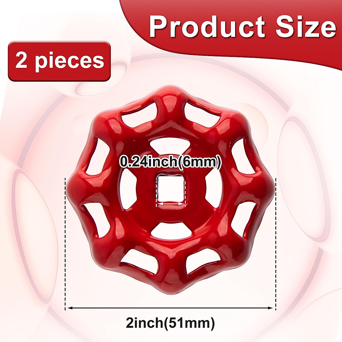 STSTR 2PCS Outdoor Faucet Handles, 6 x 6 mm Square Stem Hole Round Wheel Hose Bib Handle, Red Water Spigot Handle, Rustproof Outdoor Faucet Valve Replacement Parts for Garden Bathroom