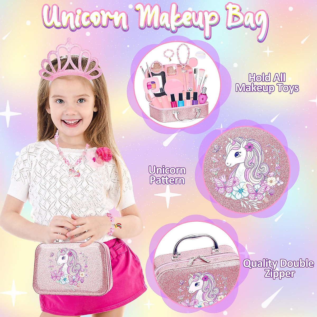 Pretend Makeup for Toddlers, Kids Pretend Makeup Kit for Girls Fake Makeup Toys with Cosmetic Bag, Play Makeup for Little Girls Age 3 4 5 6 7 Christmas Birthday Gifts Toys (Fake Makeup)