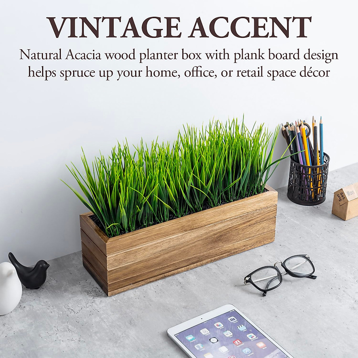 MyGift 14 Inch Artificial Green Grass Plant in Solid Acacia Wood Planter Window Box, Faux Greenery in Decorative Rectangular Crate Style Wooden Container