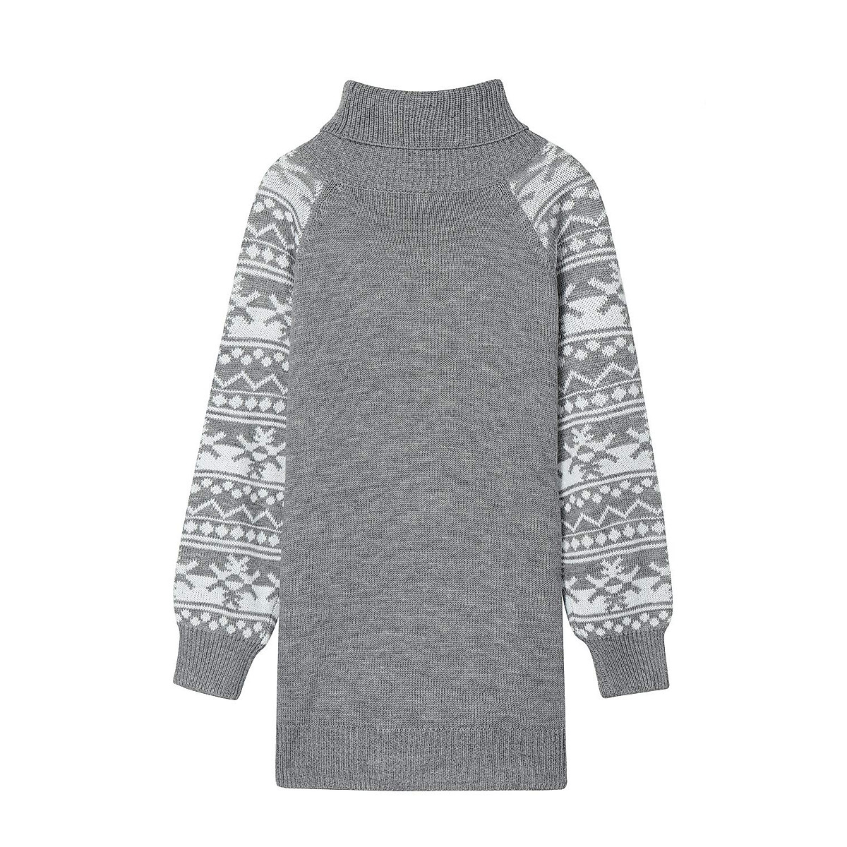 Pink Queen Women Turtleneck Loose Christmas Elf Print Long Sweater Dress with Pockets L Gray