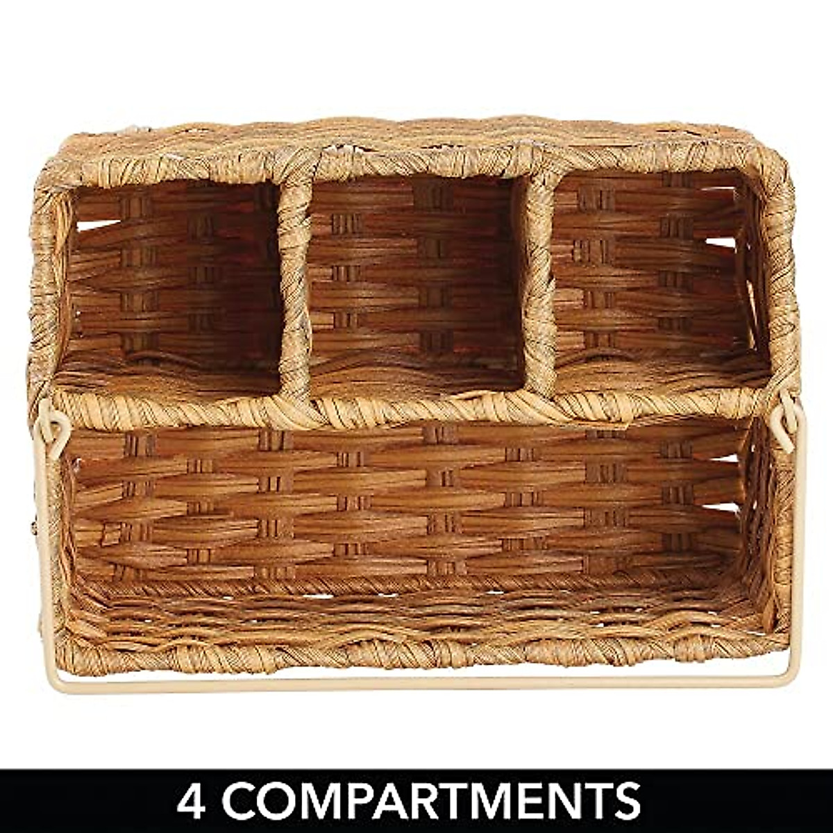 mDesign Plastic Woven Divided Cutlery Storage Organizer Caddy Tote; Basket Holder for Kitchen Table, Cabinet, Pantry - Holds Silverware, Forks, Knives, Spoons, Napkins and other Utensils - Camel Brown