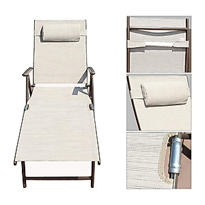 GOLDSUN Aluminum Outdoor Folding Reclining Adjustable Patio Chaise Lounge Chair with Pillow for Poolside Backyard and Beach Set of 2, Set of Two, Beige