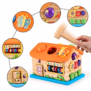 YUANLEBAO Hammering Pounding Toys Wooden House Educational Toy with Clock,Door Bell,Math,Music,Color Recognition.Birthday Gift for 3+ Years Boy Girl Baby Toddler Kids Developmental Montessori Toy