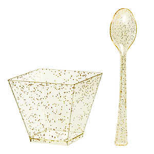 Tongcloud 25 Set Mini Plastic Dessert Cups with Spoons Gold Glitter Square Small Dessert Cups Disposable Gold Glitter Plastic Bowls with Mini Spoons Great for Party Desserts Appetizers