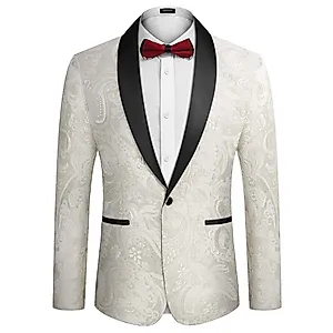 COOFANDY Men's Floral Tuxedo Jacket Luxury Embroidered Wedding Blazer Dress Suit for Party Dinner White