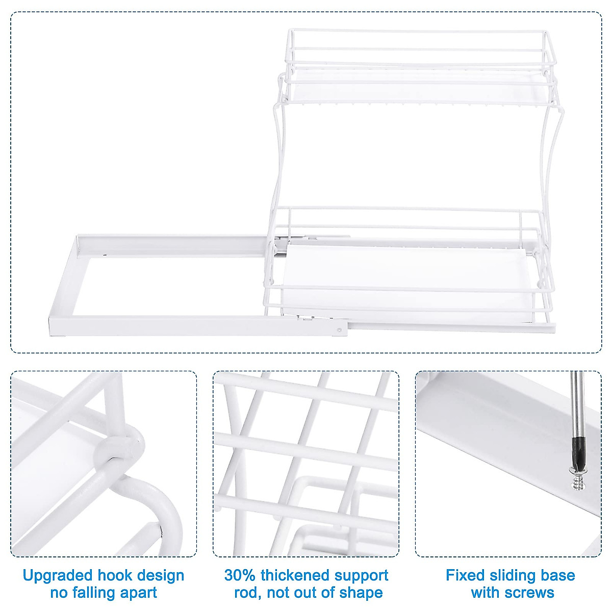 uxcell Pull Out Cabinet Organizer, 2-Tier Under Sink Slide Out Storage Shelf, 14.7" L x 10.8" W x 13.3" H Bathroom Organizer Kitchen Storage with Sliding Drawer, White