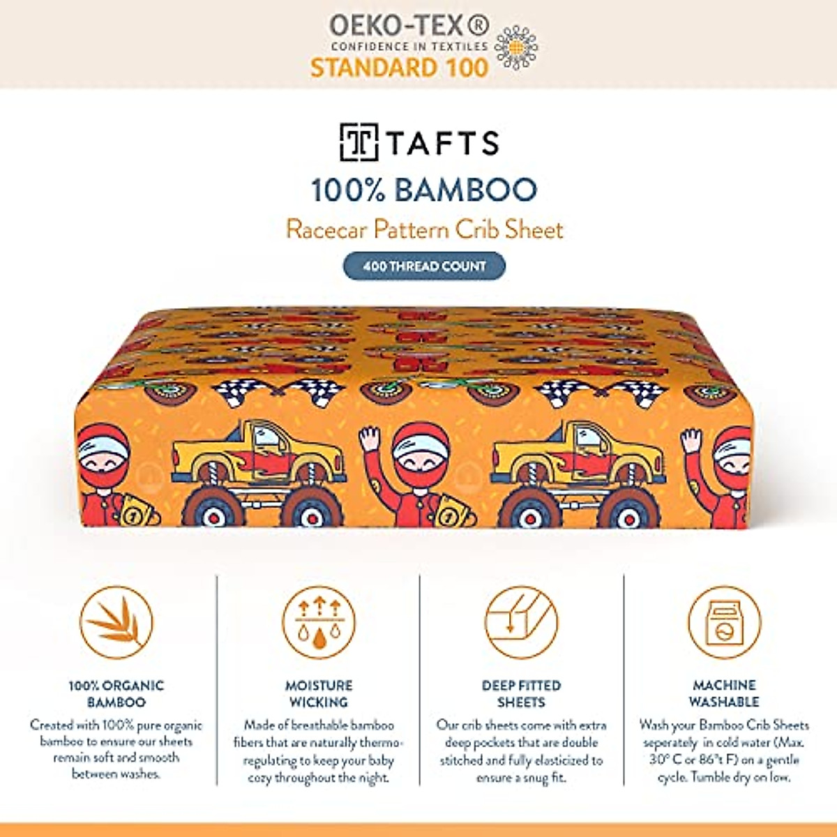 TAFTS Bamboo Crib Sheet Fitted, Girls Boys & Unisex 100% Organic Bamboo Crib Sheet for Standard Crib and Toddler Mattress, Super Soft, Cool, 360 Elasticized, (28" x 52" Racecar)