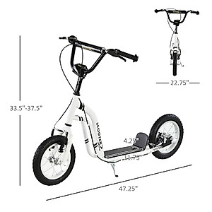 Aosom Youth Scooter Front and Rear Caliper Dual Brakes 12-Inch Inflatable Front Wheel Ride On Toy for Age 5+, White