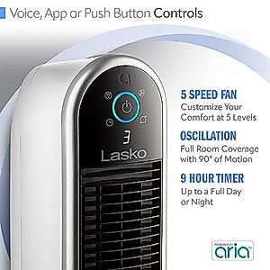 Lasko Smart Oscillating Tower Fan Powered by Aria, Wi-Fi Connected, Voice Controlled, Compatible with Alexa and Google Assistant, Timer, 5-Speeds, 40", White, T40735, Large