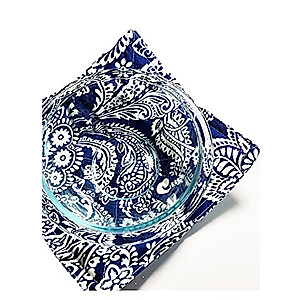 Best in Blue Cotton Print Microwave Bowl Cozy - 8.5 inches for up to 8 inch bowls - Home Made in Texas, USA (Mercy Paisley - Navy & White)
