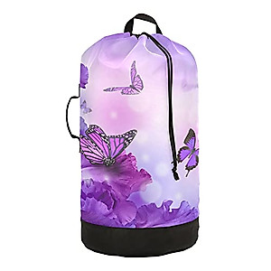 Laundry Bag, Butterfly Purple Large Laundry Backpack Dirty Clothes Organizer with Adjustable Shoulder Straps for College Dorm, Apartment, Travel Camp