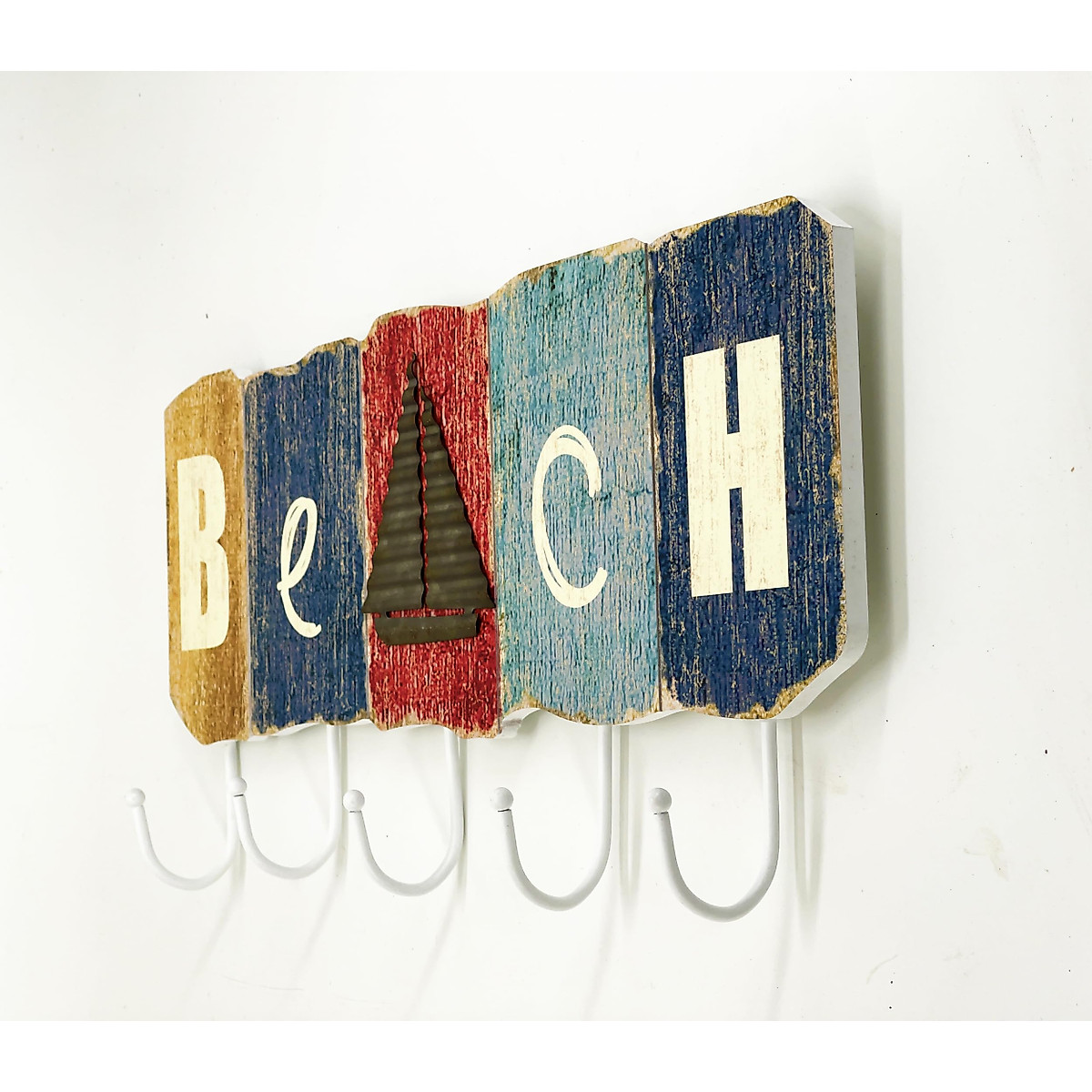 GIFTAYA Wood Coat Rack Hook Beach Theme 18 inches | Wall Mounted Towel Hooks | Wood Coastal Key Holder | Beach Themed Decor for Bathroom, Living Room, Bedroom