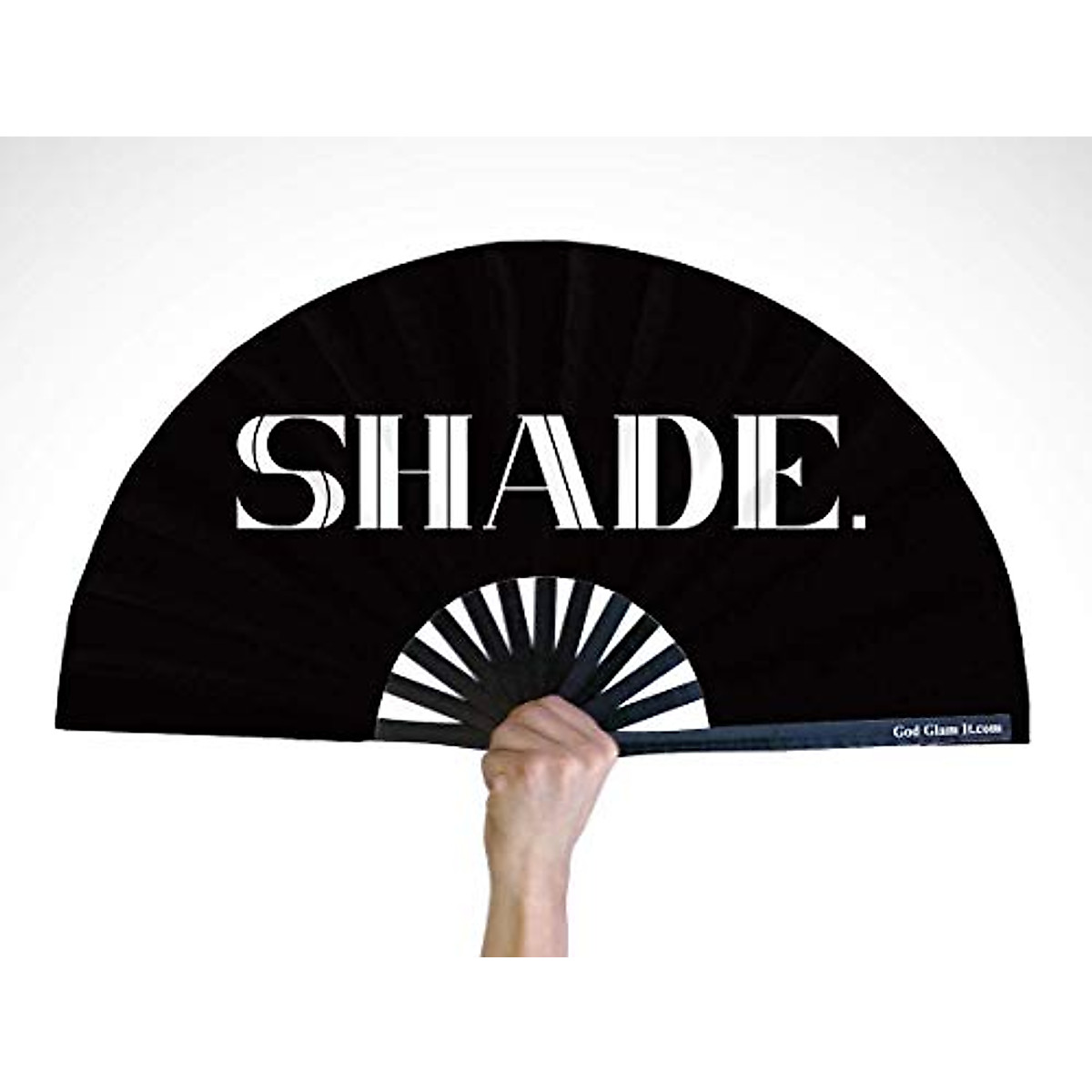 God Glam It Hand Fan – Bamboo Hand Fan for Women and Men – Big Folding Fan – Chinese Fan for Festivals, Parades, and Decorations – Black Design with Custom Print – 12-inch Handheld Fan (Shade)