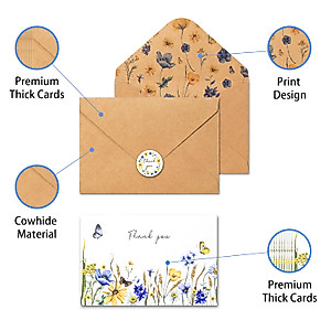 24 Pack Thank You Cards With Envelopes(4 Assorted),Wildflower Greeting Cards for Birthday Wedding Baby Shower Bridal Shower Small Business Party Supplies,Better Decorate Your Thank You Gifts