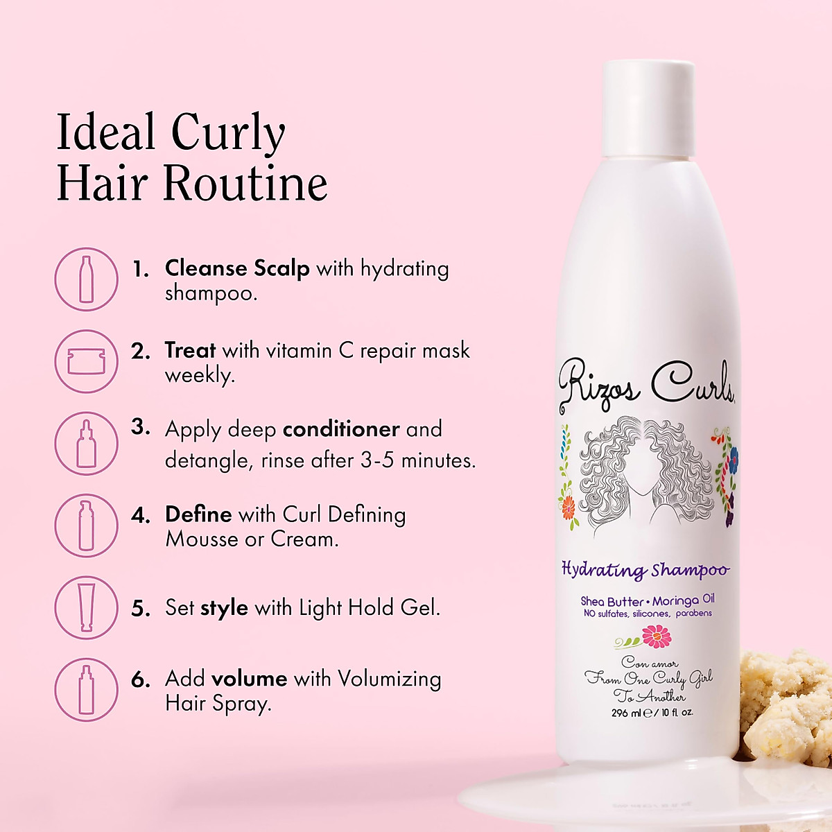 Rizos Curls Hydrating Shampoo, Gently Cleanse, Deeply Moisturizes & Nourishes Scalp, Soft & Healthy Hair from Shea Butter & Moringa Oil, For All Hair Types 1a - 4c, 10 oz