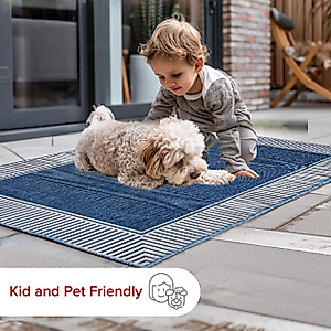 nuLOOM 7' Round Outdoor Area Rug, Casual Design With Striped Border, Stain Resistant, Highly Durable, For Patio, Balcony, Bedroom, Living Room, Dining Room, Bathroom, Navy