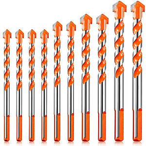 10 Pcs Drill Bits, Triangle Drill Bit, Multifunctional Drill Bits, Punching Drill Bits for Concrete, Tile, Glass, Ceramic, Brick, Wood and Plastic, Bits for Power Drills, 6/8/10/12 mm (Orange)