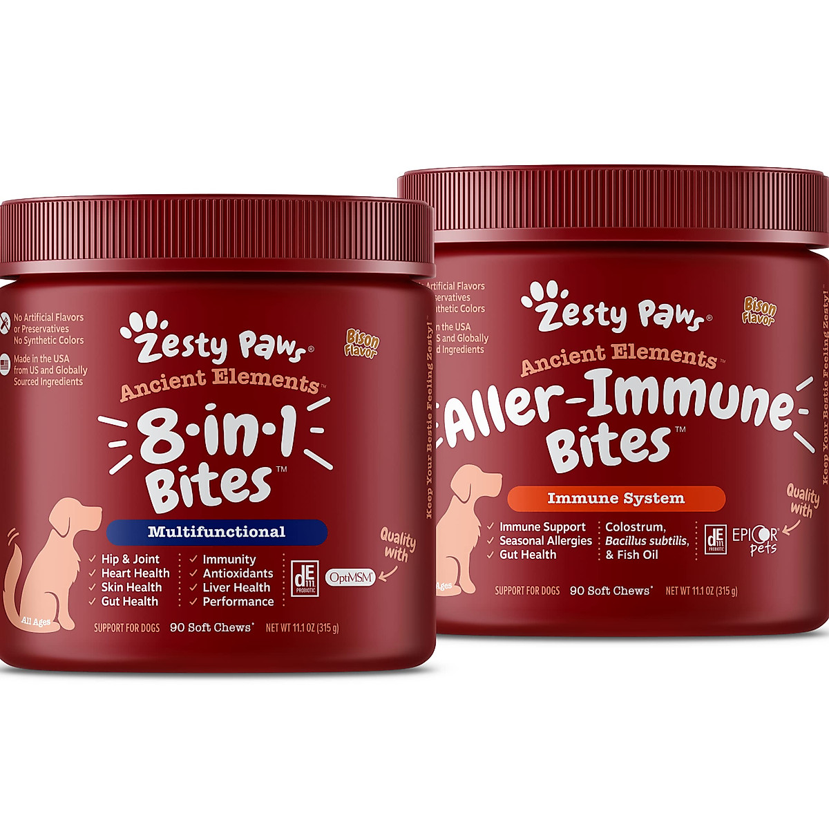 Ancient Elements 8-in-1 Bites for Dogs - Joint, Skin, Gut, Immune, Heart, Antioxidant Support + Ancient Elements Allergy & Immune Bites for Dogs - Omega 3 Wild Alaskan Salmon Fish Oil