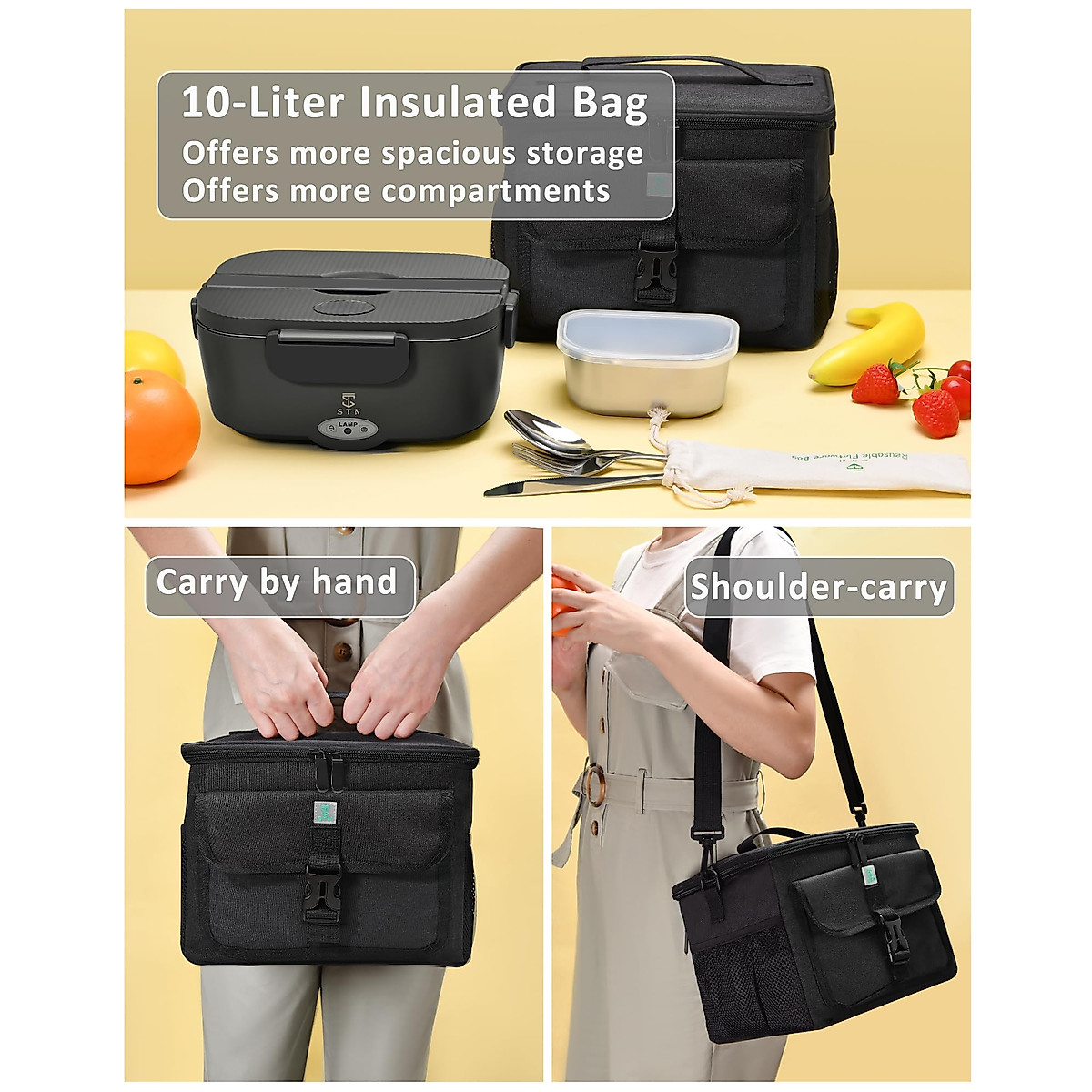 STN Heated Lunch Boxes For Adults,Efficient Electric Lunch Box Set with Removable 304 SS Container (1.5L+ 0.45L),10L Insulated Bags,Big Cutlery Set for 12v 24v 110v