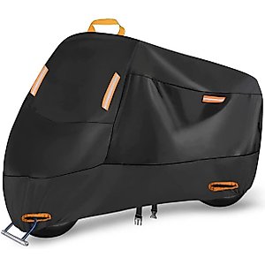 300D Heavy Duty Small Motorcycle Cover, Seceles All Season Durable Waterproof Outdoor Protection Scooter Cover with Lock-Holes Storage Bag Fits up to 73 inch Bike (M: 75" x 33" x 39")