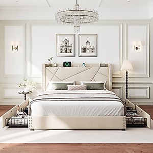 iPormis Queen Storage Bed Frame with 4 Drawers, Upholstered Bed Frame with Minimalist Wingback Headboard and Charging Station, No Box Spring Needed, Beige
