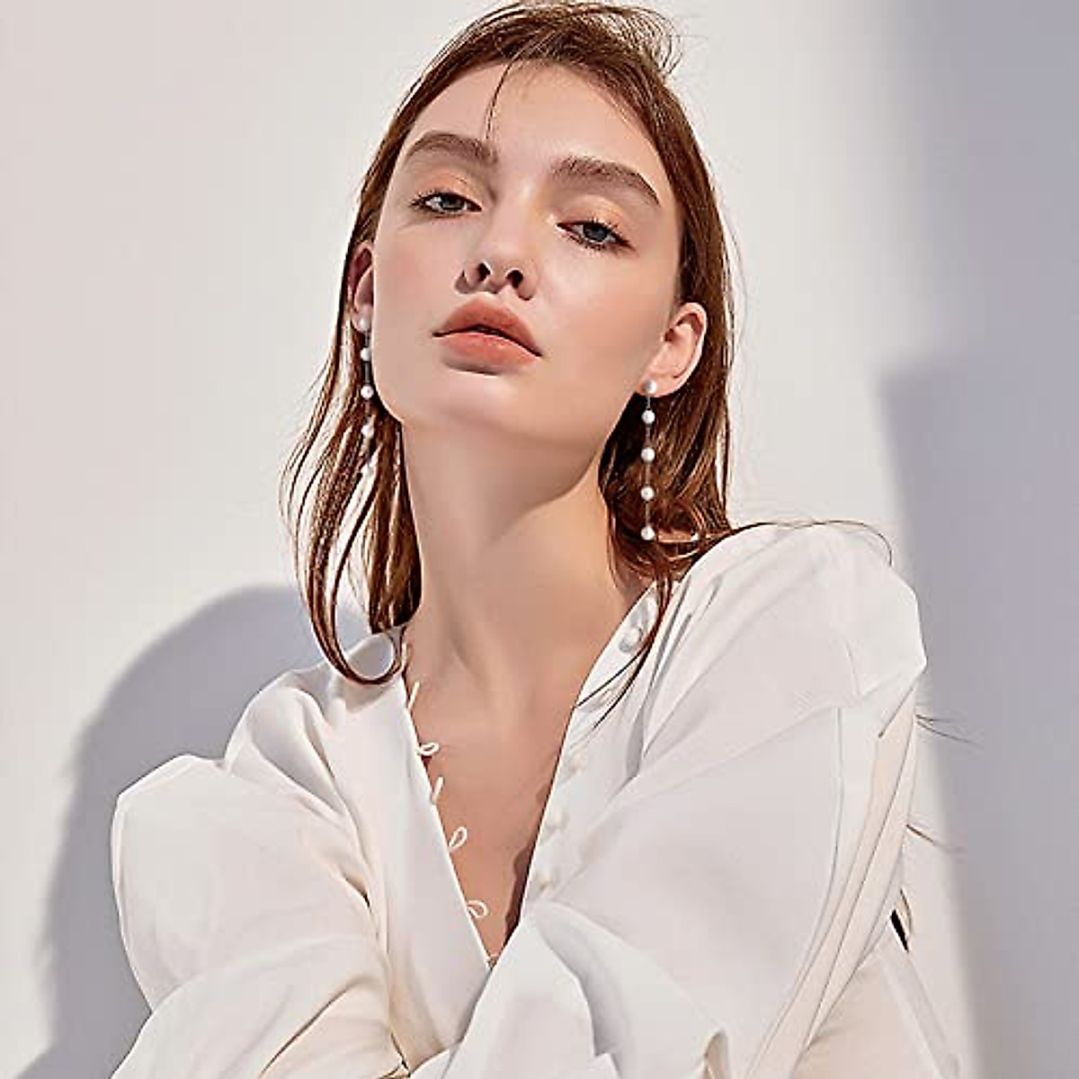 Long Pearl Earrings for Women 14K Silvery Plated Threader Earrings Pearl Ball Drop Elegant Gold Pearl Tassel Earring for Teen Girls