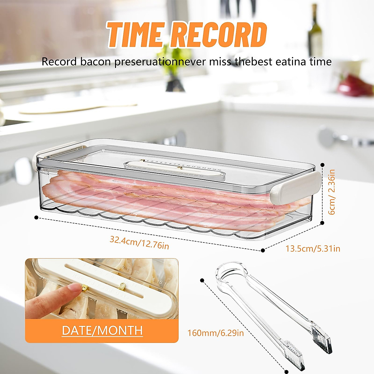 Qivine Bacon Container for Refrigerator, Plastic Bacon Storage Container for Fridge with Tong, Clear Bacon Keeper for Refrigerator Airtight with Lid, Lunchmeat Cheese Container for Refrigerator