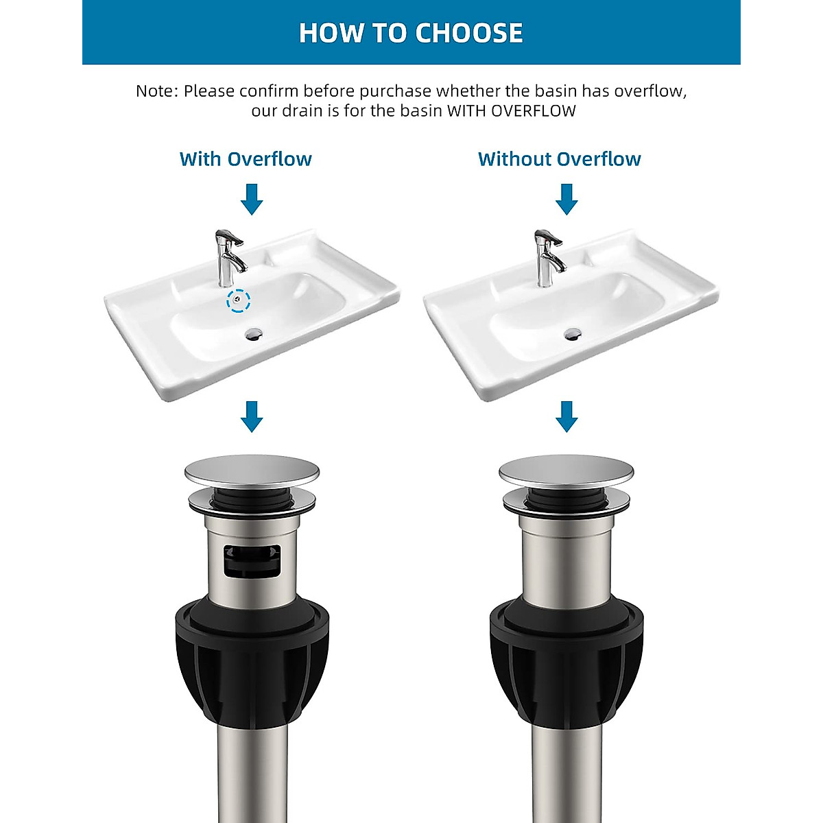 Hibbent 2 Pack Metal Bathroom Sink Drain with Overflow, Pop Up Drain with Detachable Stopper, Stainless Steel Vessel Lavatory Vanity Sink Drain Stopper, Anti-Clogging Drain Strainer, Chrome